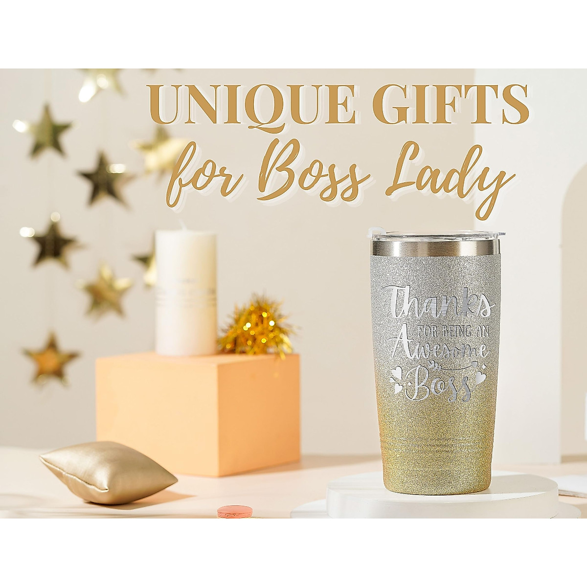 Onebttl Boss Gifts for Women, Thanks for Being An Awesome Boss, Appreciation Thank You Gifts for Boss Lady, Managers, Supervisors, Team Leaders, Wine Tumbler 20Oz, Glitter Gold & Silver