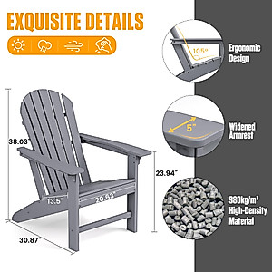 OTSUN Adirondack Chair, Large Lawn Chair, Outdoor Chair with Durability and Weather Resistance, HDPE Patio Chair for Yard, Porch, Garden, Deck, Swimming Pool, Grey