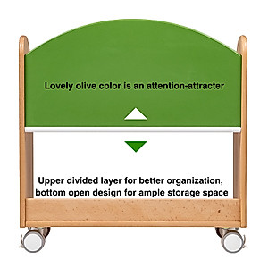 Flying Olly Kids Bookshelf, Solid German Beech Wooden Toddler Bookcase with Wheels, Children Books Display Shelf, Baby Books and Toys Storage Rack, Infant Book Cart for Bedroom, Playing Room - Green