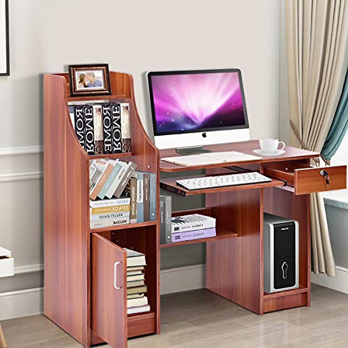 IFANNY Computer Desk with Storage, Wooden Writing Desk with Drawer, Cabinet, Bookshelf, Modern Work Table w/Keyboard Tray and CPU Stand, Corner Office Desk for Small Spaces