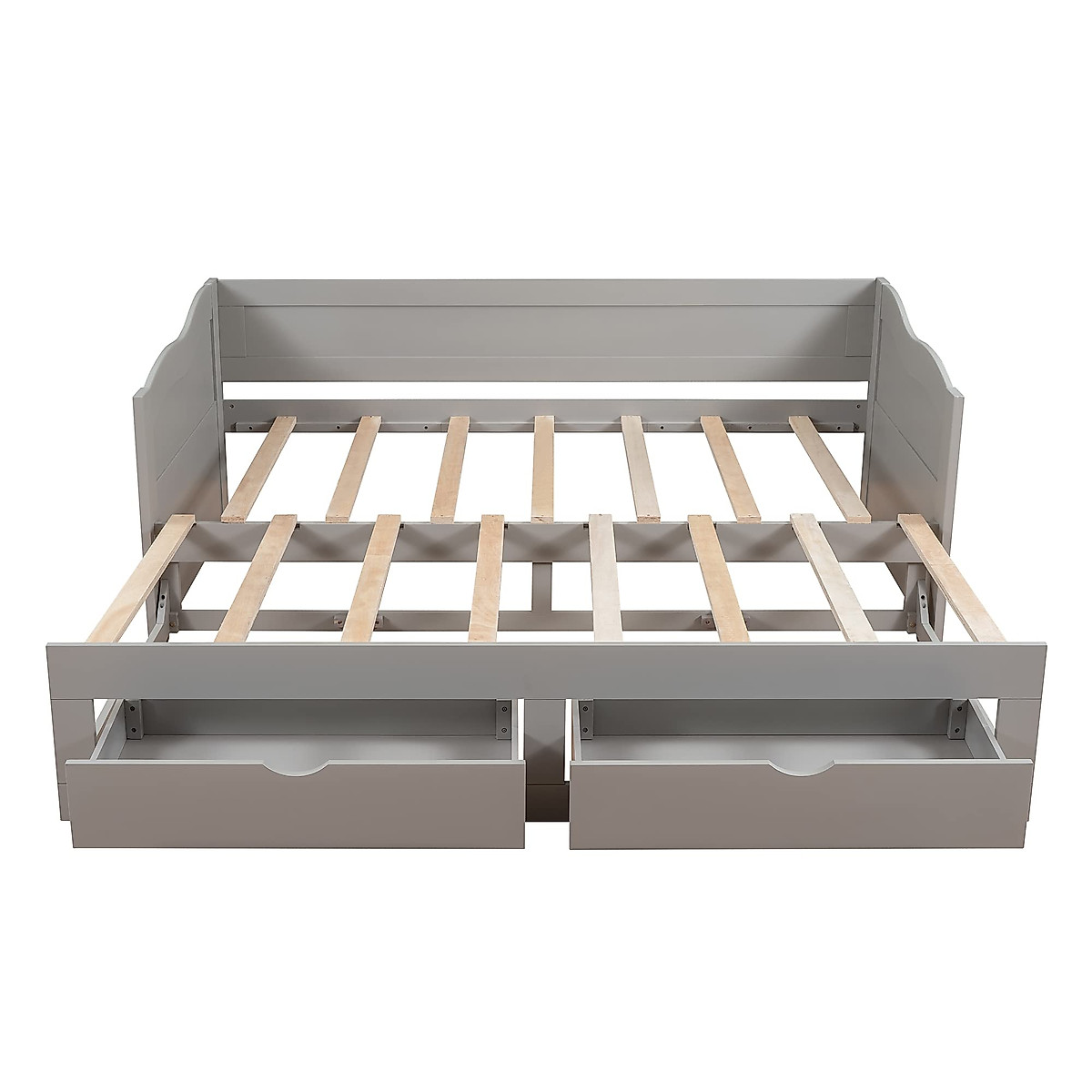 Polibi Extendable Daybed, Wooden Daybed with Trundle and Two Drawers, Convertible Sofa Bed with 2 Storage Drawers, Can be Expanded from Twin Size to King Size (Grey)
