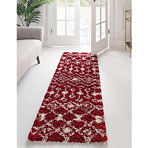 Unique Loom Moroccan Trellis Shag Collection Area Rug - Meknes (2' x 7' 1" Runner, Burgundy Red/ Ivory)