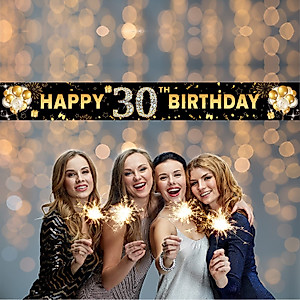 30th Birthday Party Decorations Yard Banner for Women Men, Black Gold Thirty Year Old Birthday Party Decorations for Him Her, 157 x 20inch Extra Large Birthday Party Backdrop Supplies PHXEY
