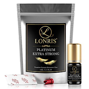 8-9 Weeks Retention/Volume Eyelash Extension Glue/Platinum Extra Strong LONRIS Lash / 0.5-1 Sec Drying time/Maximum Bonding/Semi-Permanent Extensions Supplies/Professional Use Black Adhesive (5 ML)