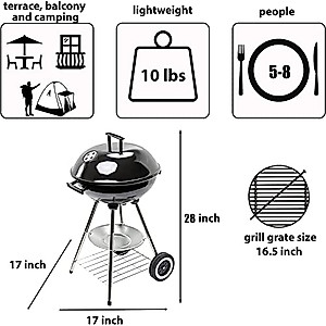 SRHMYWBW Portable Charcoal Grill for Outdoor 17 Inch Barbecue Grill 4.5kg/10 Lbs Charcoal BBQ Grill Round BBQ Kettle Outdoor for Outdoor Cooking Picnic Patio Backyard (Red)