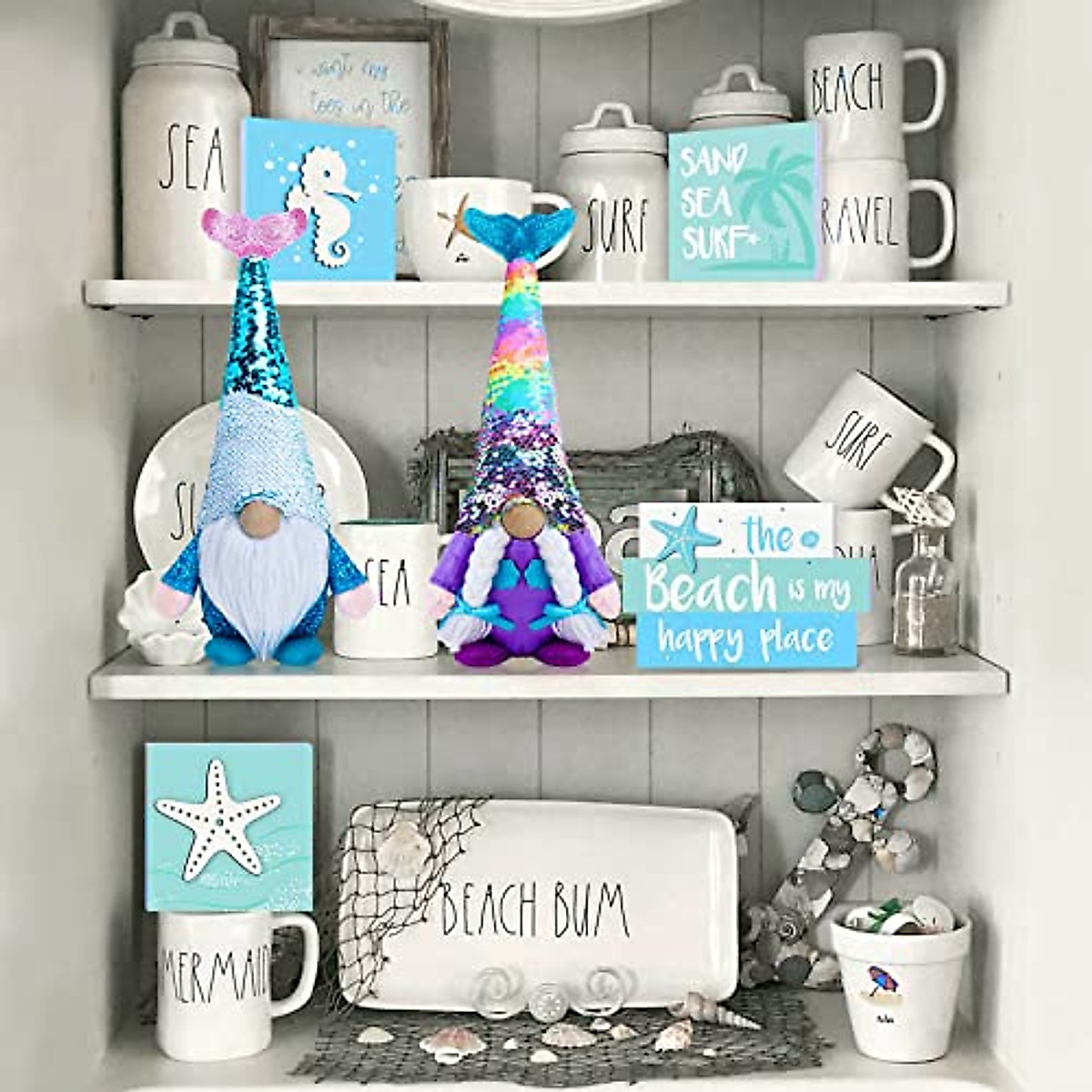 ALLYORS Sequin Summer Gnome Couple Mermaid Gnomes Beach Gnome Summer Tomte Plush Birthday Gifts Gnomes Scandinavian Decoration Shelf and Tiered Tray Decoration for Summer