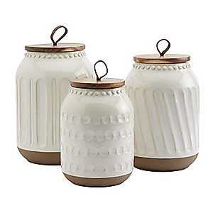 Tabletops Gallery Ceramic Canister Collection- Stoneware Designed Kitchen Storage Embossed Acacia Wood White Set, 3 Piece Embossed Ziggy White Canister Set