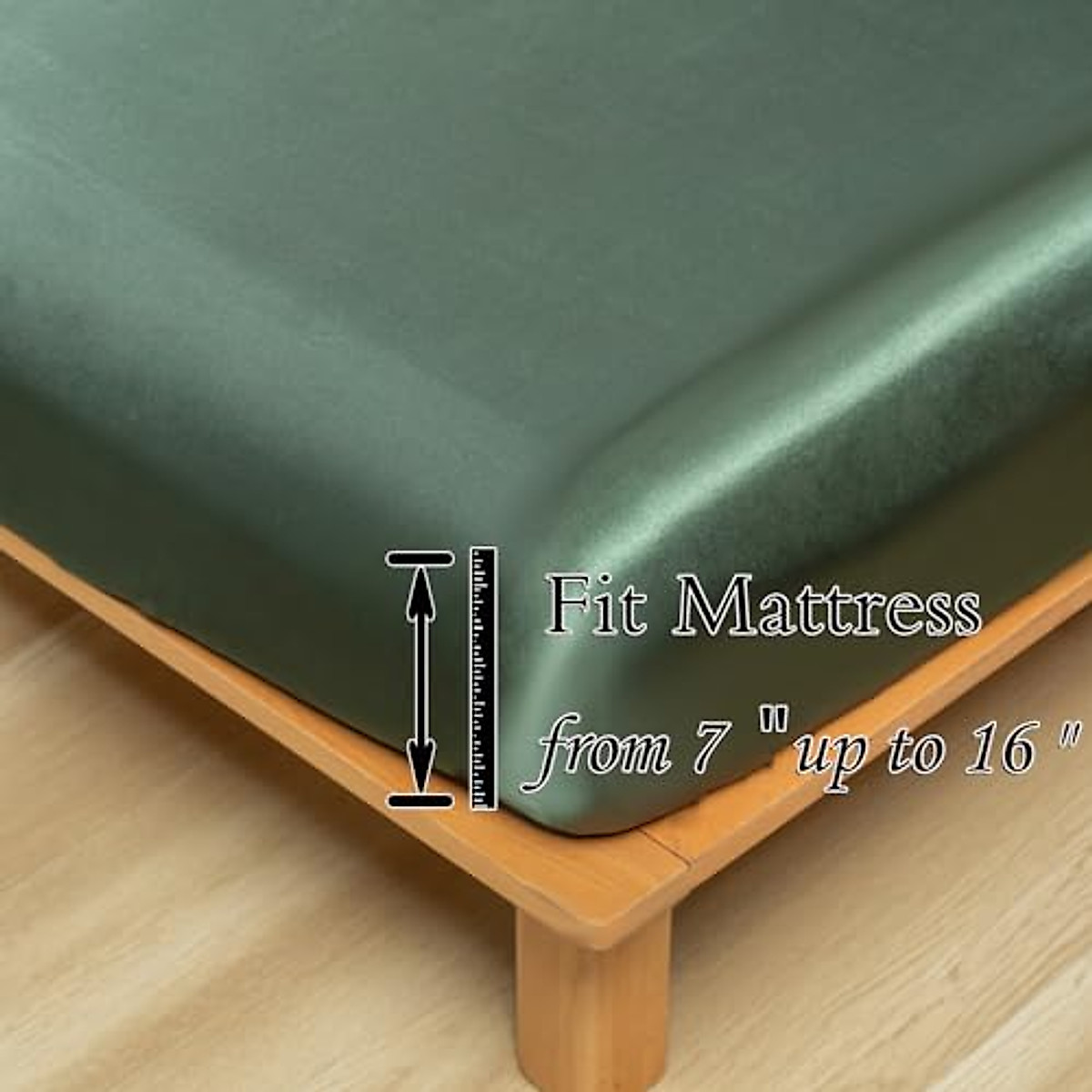 Revdomfly 4 Pcs Luxury Silky Soft Olive Green Satin Sheet Set,1 Premium Moisture Wicking Fitted Sheet Fits Up to 16 Inches Deep Pocket + 1 Flat Sheet + 2 Pillowcases（Olive Green, California King）