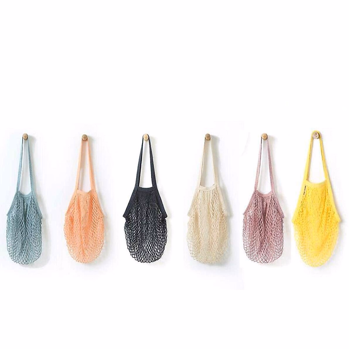 6 Pack Portable,Reusable,Reusable Produce Bags,Washable Cotton Mesh String Organic Organizer Shopping Handbag Long Handle Net Tote (grey blue,Black,Beige,Pink,Purple,Yellow)