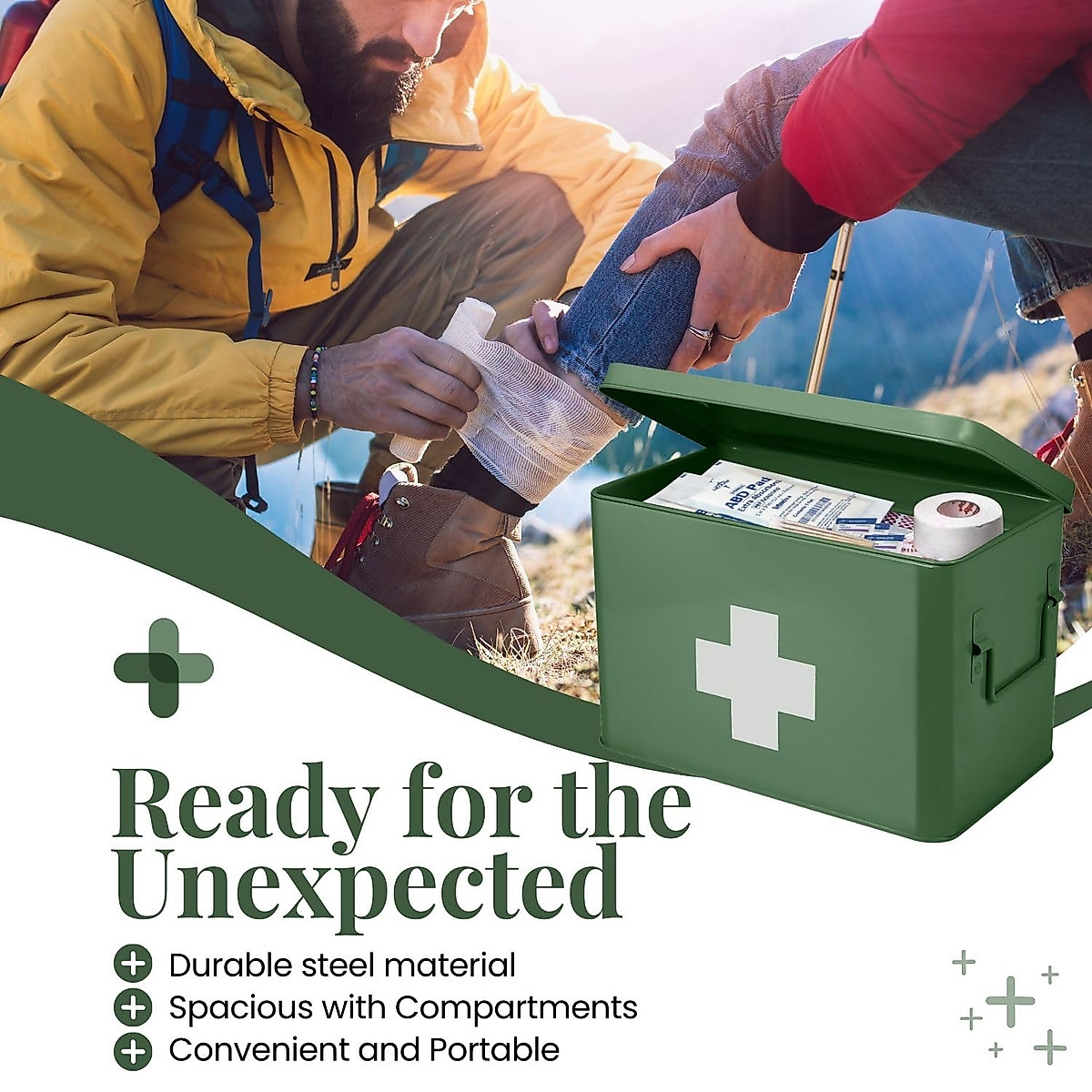 Flexzion First Aid Box Organizer Empty 13" Green Vintage First Aid Kit Tin Metal Medical Box - First Aid Storage Box Container Bins with Dividers, Removable Tray and White Cross Logo