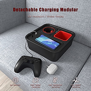 Zigtiger Cup Holder Tray, Couch Organizer with Wireless Power Bank & Snack Cup, Sofa Tray Couch Caddy Couch Arm Table, Self Balancing Console for Sofa, Bed, Car, Beach, Travel, Video Gaming, Black