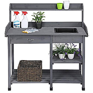 Topeakmart 45.2x17.7x47.6'' (LxWxH) Potting Benches Outdoor Garden Potting Table Work Bench with Removable Sink Drawer Rack Shelves Work Station, Gray