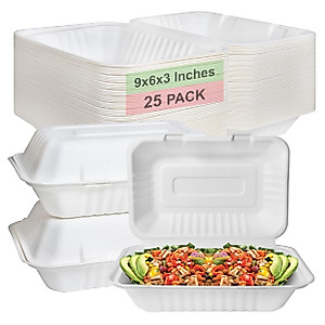 Compostable Rectangular Hinged Clamshell Take Out Food Containers 9x6x3,Heavy Duty Quality Disposable to go Containers, Single Compartment Eco-Friendly Takeout Box, Restaurants, Food Trucks (250)