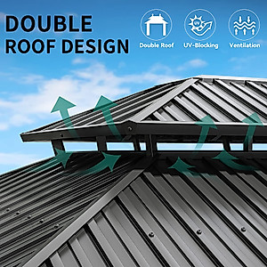 DWVO 10x12ft Hardtop Gazebo Double Roof with Nettings and Curtains, Heavy Duty Galvanized Steel Outdoor Vertical Stripes Roof for Patio, Backyard, Deck, Lawns, Brown