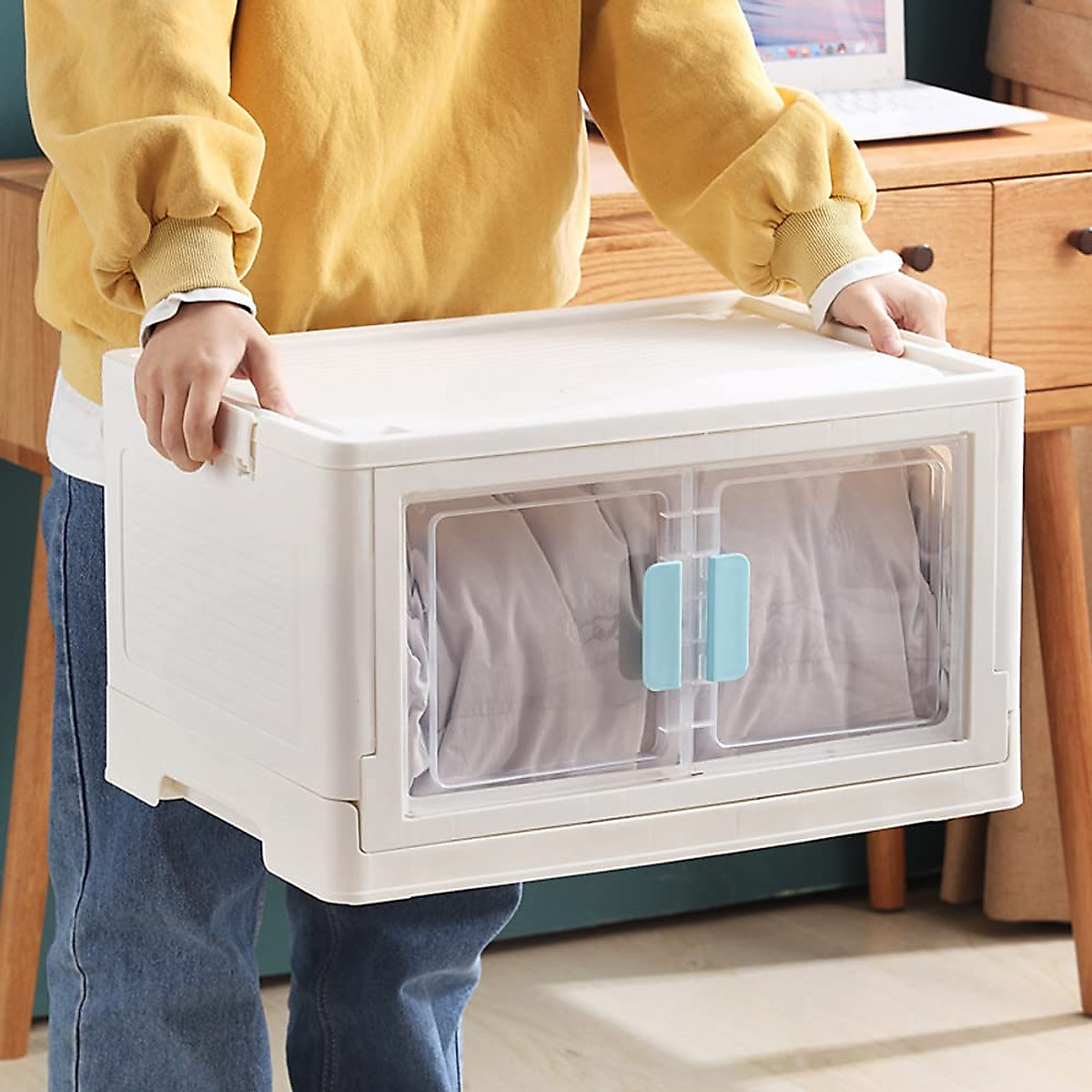 Radefasun Foldable Storage Bins with Lid and Clear Door and Weels Plastic Collapsible Storage Box Portable Stackable Grocery Toys Books Container Folding Storage Crate for Home or Car Trunk