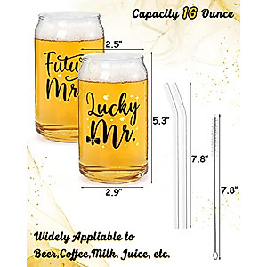 Nefelibata Future Mrs. Lucky Mr. Coffee Cups Beer Can Glasses Set of 2 Engagement Gifts Cup Wedding Bride Groom for Cocktail Juice Large 16 oz Drinking Glass Mason Jar For Couple Wife Husband Woman
