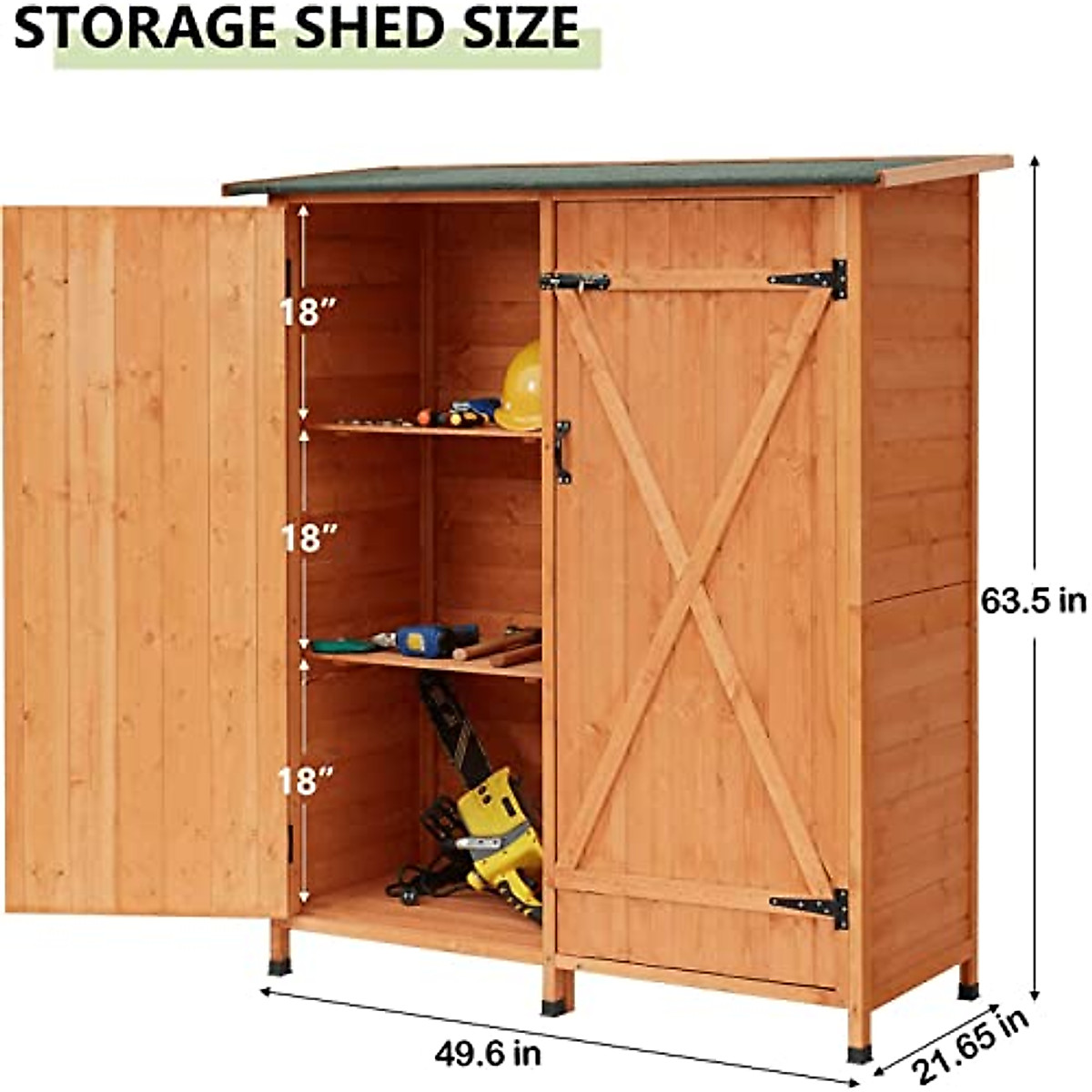 MELLCOM Outdoor Wood Storage Shed, 63“ Garden Shed with Double Lockable Doors, Weather Resistant Tool Shed Organizer for Patio, Garden, Backyard, Lawn