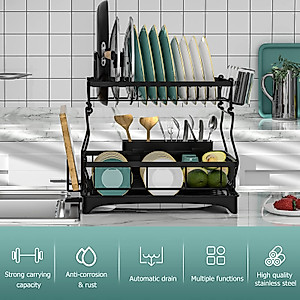 Vasysvi Dish Drying Rack with Drainboard for Kitchen Counter,2 Tier Dish Drainer Set with Utensils Holder，Large Capacity Stainless Steel Dish Racks Bonus with Drying Mat