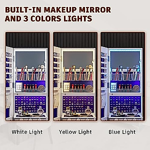 FOMNEY 360° Swivel Jewelry Armoire with Mirror, 63" H Full Length Mirror with LED Lights, Jewelry Cabinet/Organizer with Makeup Shelf for Bedroom (White)