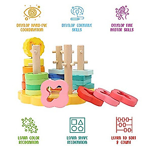 Boxiki kids 27 PCS Montessori Toys for 1 to 3 Year Old Boys Girls Toddlers, Wooden Shape Sorter & Stacking Toys, Color Recognition Stacker, Baby Puzzles Gift