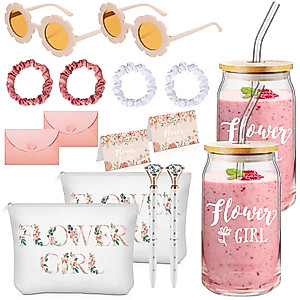 Meanplan 16 Pcs Be My Flower Girl Proposal Gifts Set Flower Girl Tumbler with Straws Makeup Bag Sunglasses Hair Ring Diamond Pen Envelope Card for Wedding Bridal Shower(Pink Series)
