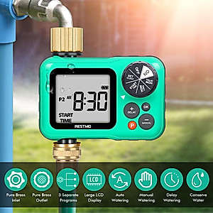 RESTMO Sprinkler Timer with Brass Inlet & Outlet, 3 Separate Programs Hose Timer, Programmable Water Timer for Garden Hose, Manual | Rain Delay | Automatic Watering System for Drip Irrigation and Lawn