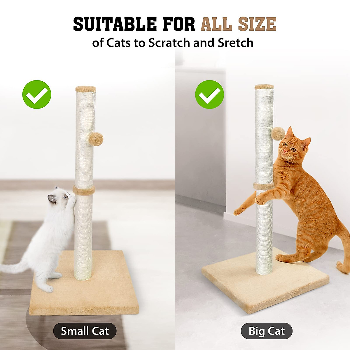 petellow 31'' Tall Cat Scratching Post - Cat Claw Scratcher with Hanging Ball - Scratching Posts for Indoor Large Cats - Durable Stable Cat Furniture with Sisal Rope - Cat Scratch Post - Beige