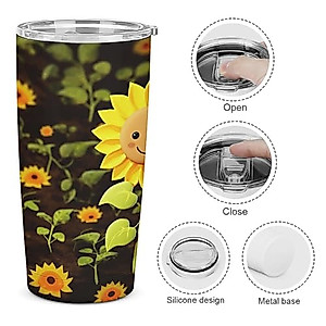FHENMSA Stainless Steel Insulated Travel Coffee Mug,Cute Sunflower Print Reusable Car Cup,Thermal Cup for Outdoor with Straw And Lid
