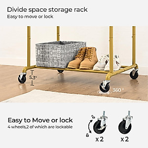 FOUCSSOMEI Heavy Duty Clothes Rack, Rolling Clothes Rack, Clothing Rack with Wheels,Clothing Hanger Organizer, Double Rod, Max 400Lbs, for Closet Bedroom Yard Sale, Commercial Grade, Gold
