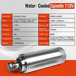 RATTMMOTOR 2.2KW Spindle Motor 110V, CNC Water Cooled Spindle Motor 80mm, 24000RPM High Speed Spindle Motor ER20 Collet 15A 400HZ for CNC Router Machine, CNC Engraver Milling Machine