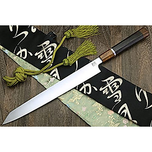 Yoshihiro TM-Hayate ZDP-189 Super High Carbon Stainless Steel Sujihiki Kiritsuke Knife Octagonal Ebony Wood Handle with Sterling Silver Ring (9.5" (240mm))