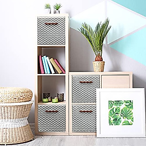 MaidMAX Cloth Storage Bins Cubes Baskets Containers with Wooden Handle for Home Closet Bedroom Drawers Organizers, Foldable, Gray Chevron, Set of 6