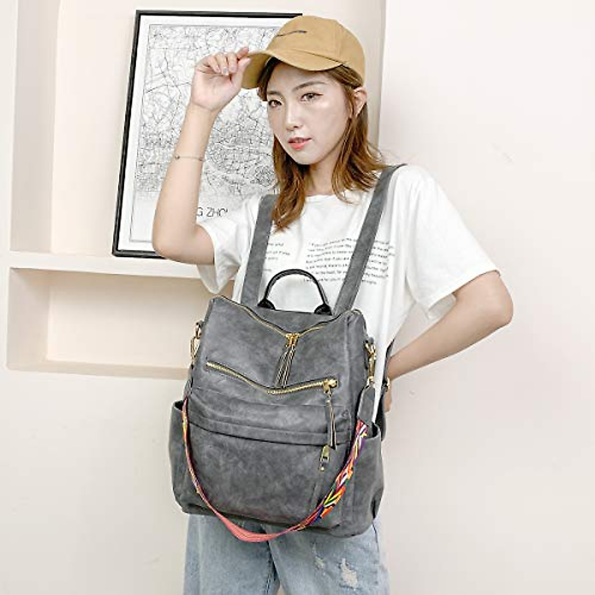 ZOCILOR Women's Fashion Backpack Purse Multipurpose Design Convertible Satchel Handbags and Shoulder Bag PU Leather Travel bag (Grey)