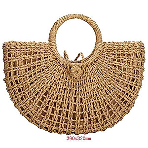 Straw Bags for Women,Hand-woven Straw Top-handle Bag with Round Ring Handle Summer Beach Rattan Tote Handbag (Khaki)