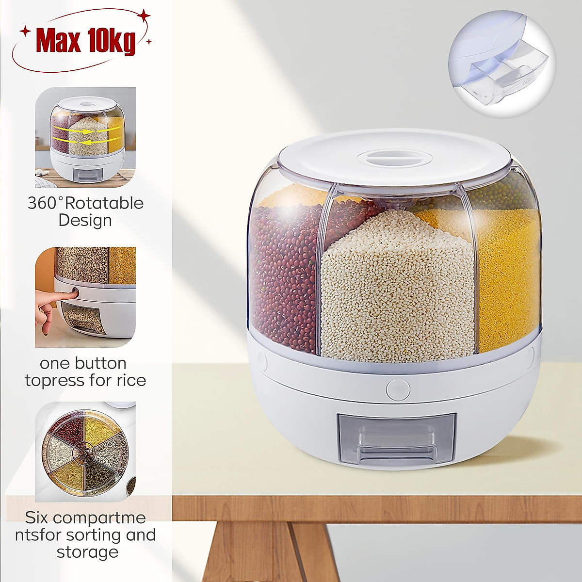 KONKENIE 6 Grids Rotatable Grain Storage Tank with Lid 10kg Rice Cereal Bean Flour Plastic Container 360° Rotating Round Dry Food Dispenser for Home Kitchen Pantry Store White&Clear (9.5x10.6x10.6in)