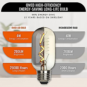 OMED T45/T14 Dimmable Vintage LED Edison Bulbs, E26 4W Antique Fishbone LED Filament Tubular Edison Bulbs 40 Watt Equivalent, 200LM 2700K Soft White Spiral Retro Tube Bulbs, Smoke Grey Glass, 6 Pack