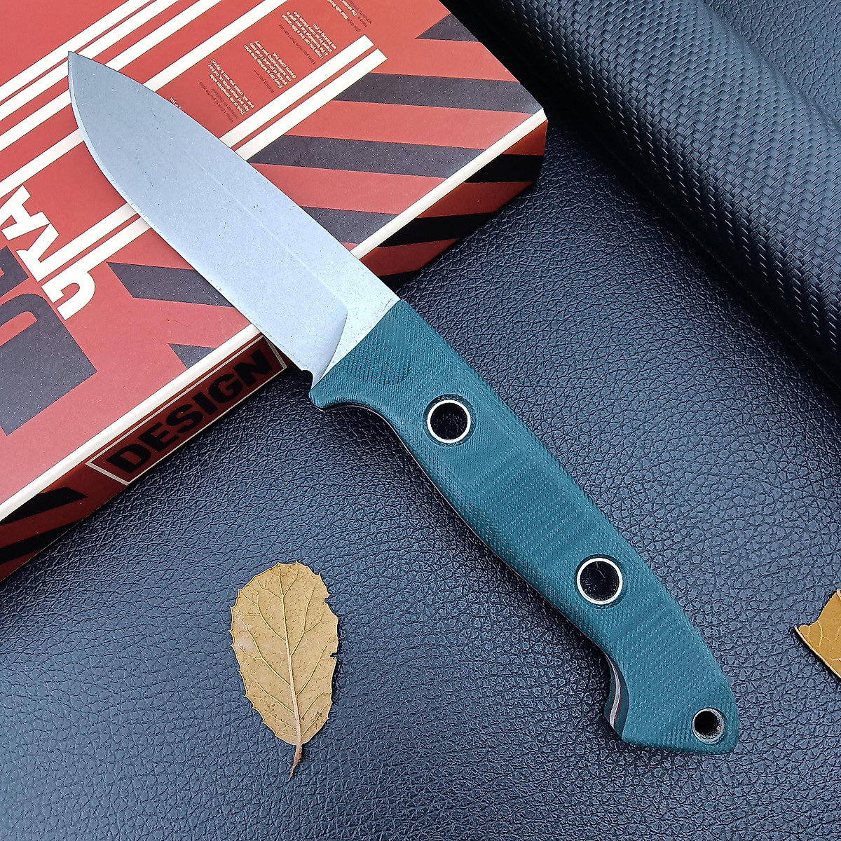 Buschcrafter 162 fixed blade tactical knives 4.43" D2 Satin Blade Outdoor Knife with Green G10 Handle Leather Sheath