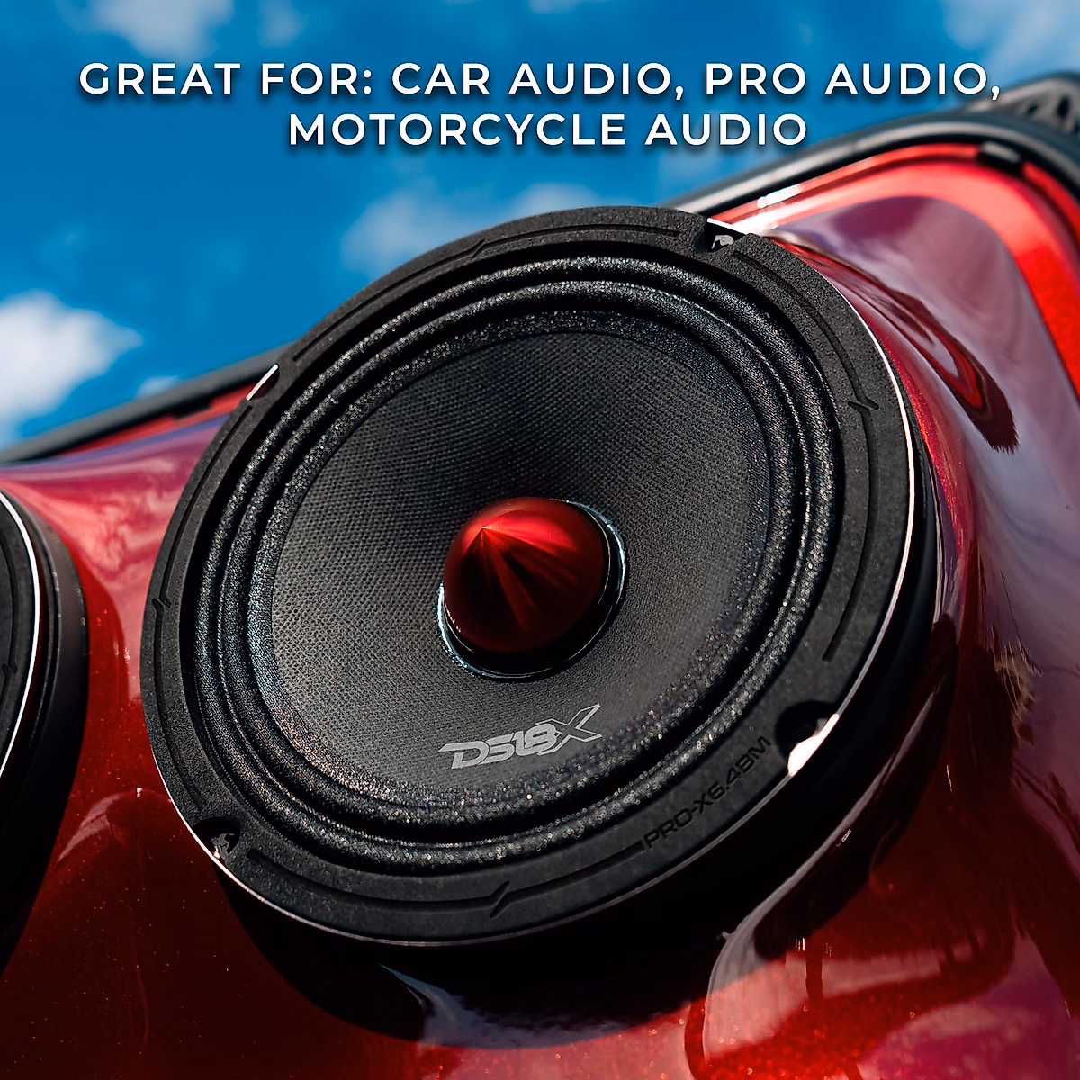 DS18 PRO-X6.4BM Loudspeaker - Pair of 6.5", Midrange, Red Aluminum Bullet, 500W Max, 250W RMS, 4 Ohms - Premium Quality Audio Door Speakers for Car or Truck Stereo Sound System (2 Speaker)