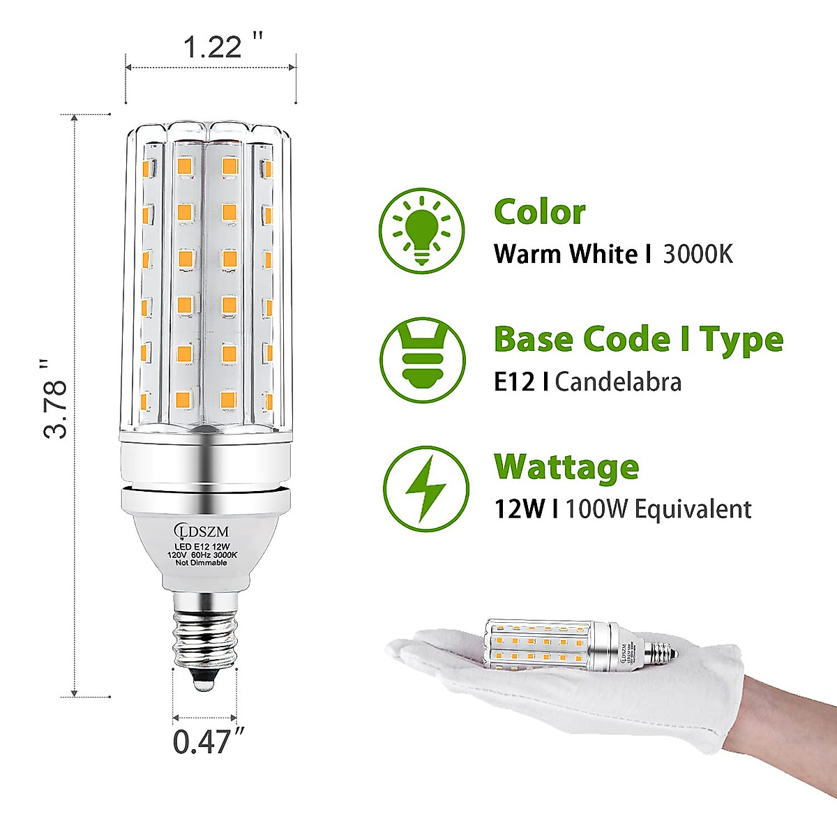 E12 LED Bulbs,12W LED Corn Light Bulb, E12 LED Bulb 100W Equivalent 1200 Lumen 3000K Warm White, Non-Dimmable LED Candelabra Light Bulbs, E12 Candelabra Base Chandelier Light Bulbs, Pack of 3