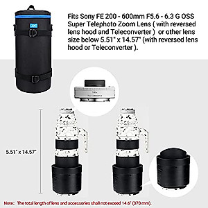 JJC Extra Large Thick Camera Lens Pouch Case for Sony FE 200-600mm Zoom Lens SEL200600G with Reversed Lens Hood & Teleconverte，Camera Lens Carrying Bag Fits Other Lenses Below 5.5 x 14.6(D x L)