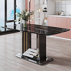 WOXYX Minimalist and Luxurious Dining Table with Black Imitation Marble Pattern Desktop. MDF tablelegs with Gold Lines and Base