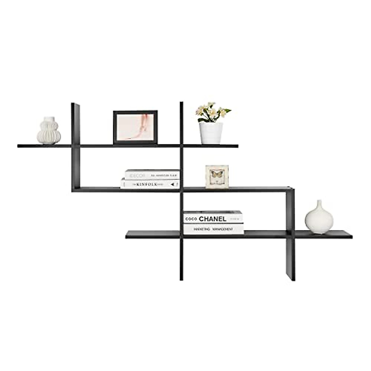 Danya B. 3-Tier Rustic Hanging Wall Mount Floating Ladder Accent Shelf with Criss Cross Asymmetrical Modern Design (Black)
