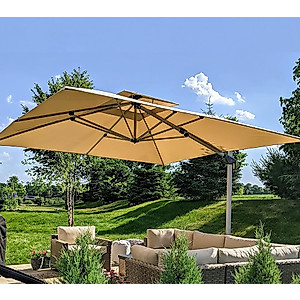 PURPLE LEAF 11 Feet Double Top Deluxe Square Patio Umbrella Offset Hanging Umbrella Outdoor Market Umbrella Garden Umbrella, Beige