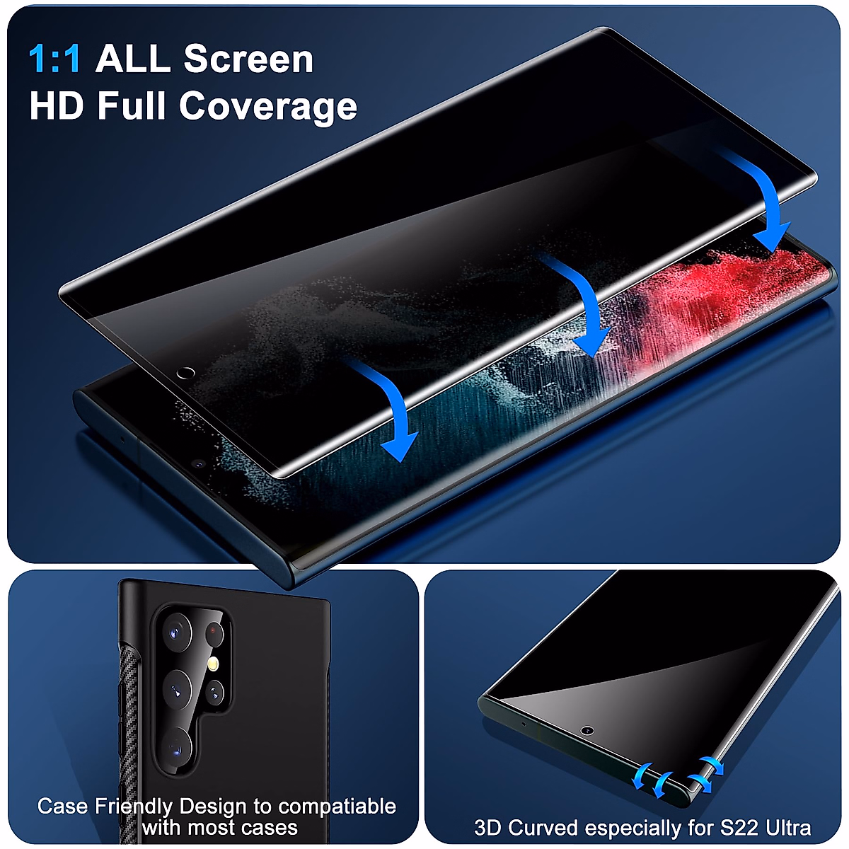Arshek [2+2 Pack] Galaxy S22 Ultra Privacy Screen Protector, 9H Tempered Glass, Ultrasonic Fingerprint Support, 3D Curved, HD Clear Anti-Spy Film for Samsung S22 Ultra 5G Glass Screen Protector