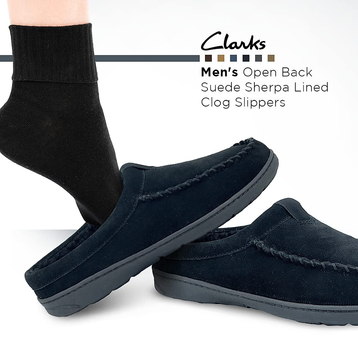 Clarks Men's Open Back Suede Sherpa Lined Clog Slippers, JMH2062 - Indoor/Outdoor Slip-Ons - Comfy & Durable Slides with Soft Plush Lining Cushioned Footbed & Gripped Rubber Outsoles (11 M US,Black)