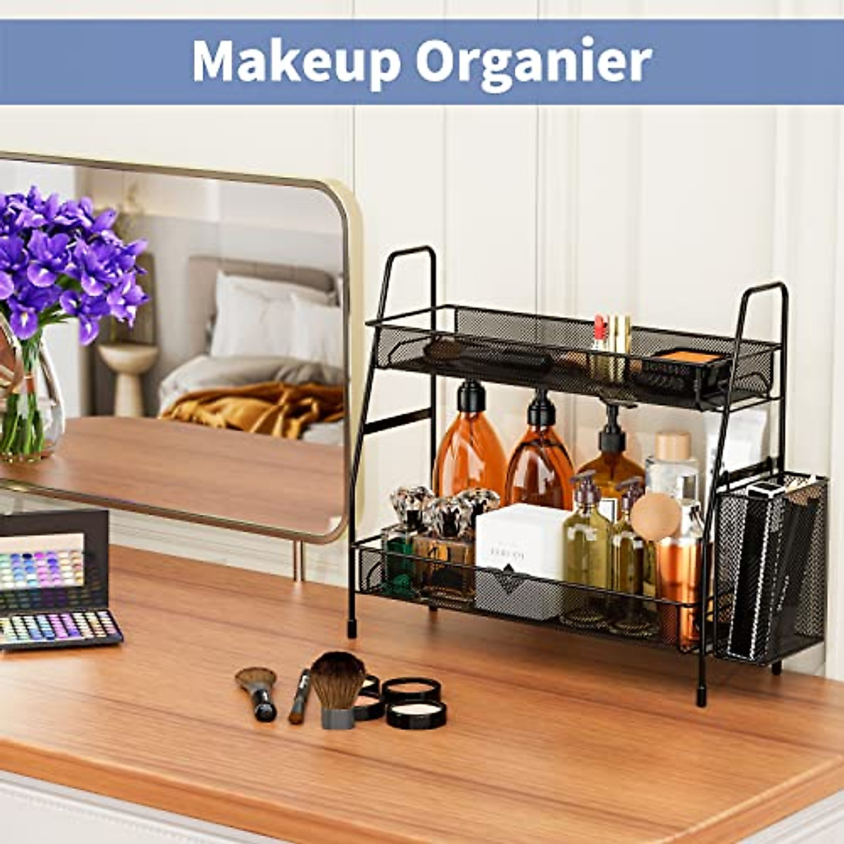 EKNITEY Bathroom Countertop Organizer Shelf - 2 Tier Counter Spice Rack Metal Makeup Rack Small Perfume Organizer for Sink/Bedroom/Living room/Kitchen/Office