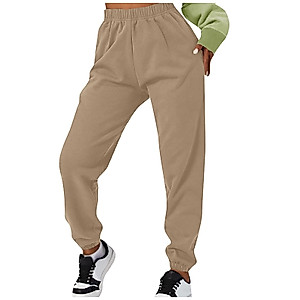 Gumipy Sweatpants for Women High Waisted Drawstring Jogger Relaxed Fit Cotton Soft Active Lounge Trousers with Pockets A-Khaki