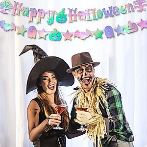 Iridescent Happy Halloween Party-Decorations Banner - 8Pcs Hanging Streamers Garland,Bat Ghost Pumpkin Ceiling Outdoor Indoor Wall Decor Party Props,Porch Room Scary Supplies Hugtmr