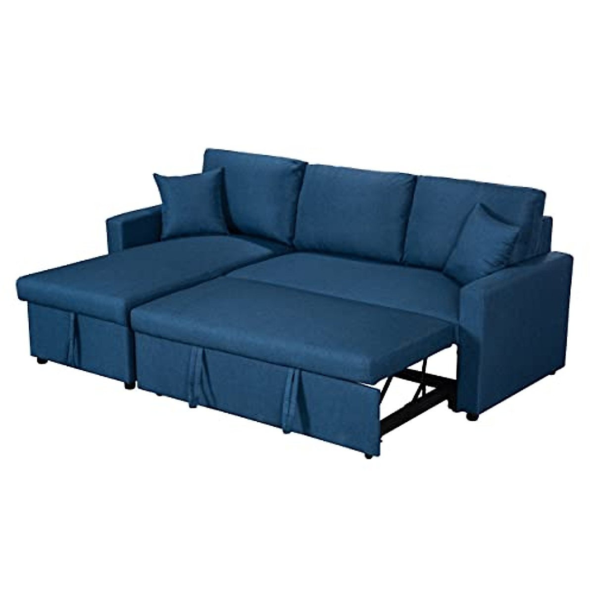 GLANZEND L-Shape Reversible Linen Sleeper Sectional Sofa with Storage Chaise, Corner Convertible Couch w/ 2 Throw Pillows for Living Room, Small Apartment, Dorm, Navy Blue, 57 Inch