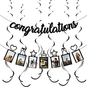 Concico Congratulations Banner and Hanging Swirls for Graduation,Congratulations,Engagement Party Decorations(Black Glitter)